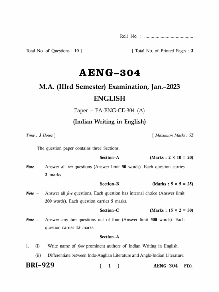Ma 3 Sem English Indian Writing in English Aeng 304 2023 | PDF
