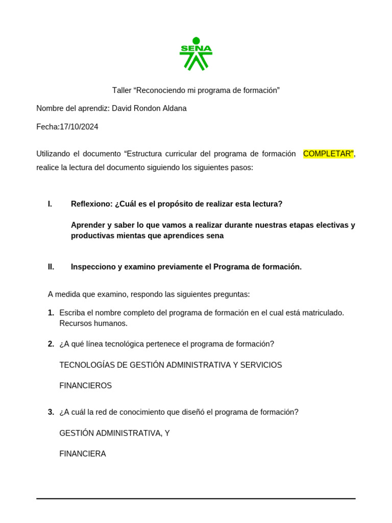 Taller 2 Reconociendo El Programa de Formacion David Rondon | PDF | Iniciativa empresarial ...