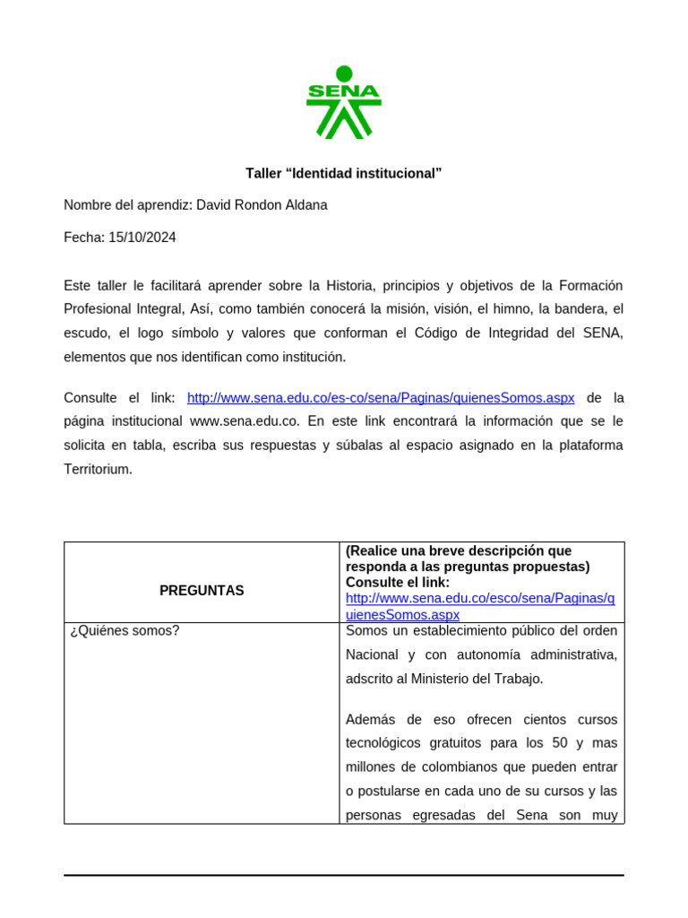 Taller 1 Identidad Institucional DAVID RONDON | PDF