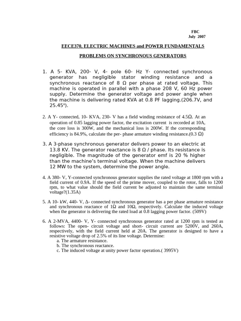 Problems On Synchronous Generators | PDF