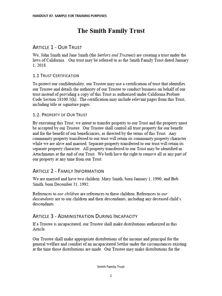 Handout 7 The Smith Family Trust Sample | PDF | Trustee | Common Law
