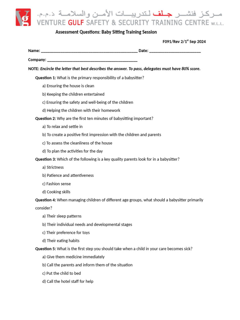 Assessment Questions Babay Sitting | PDF | Babysitting | Human Development