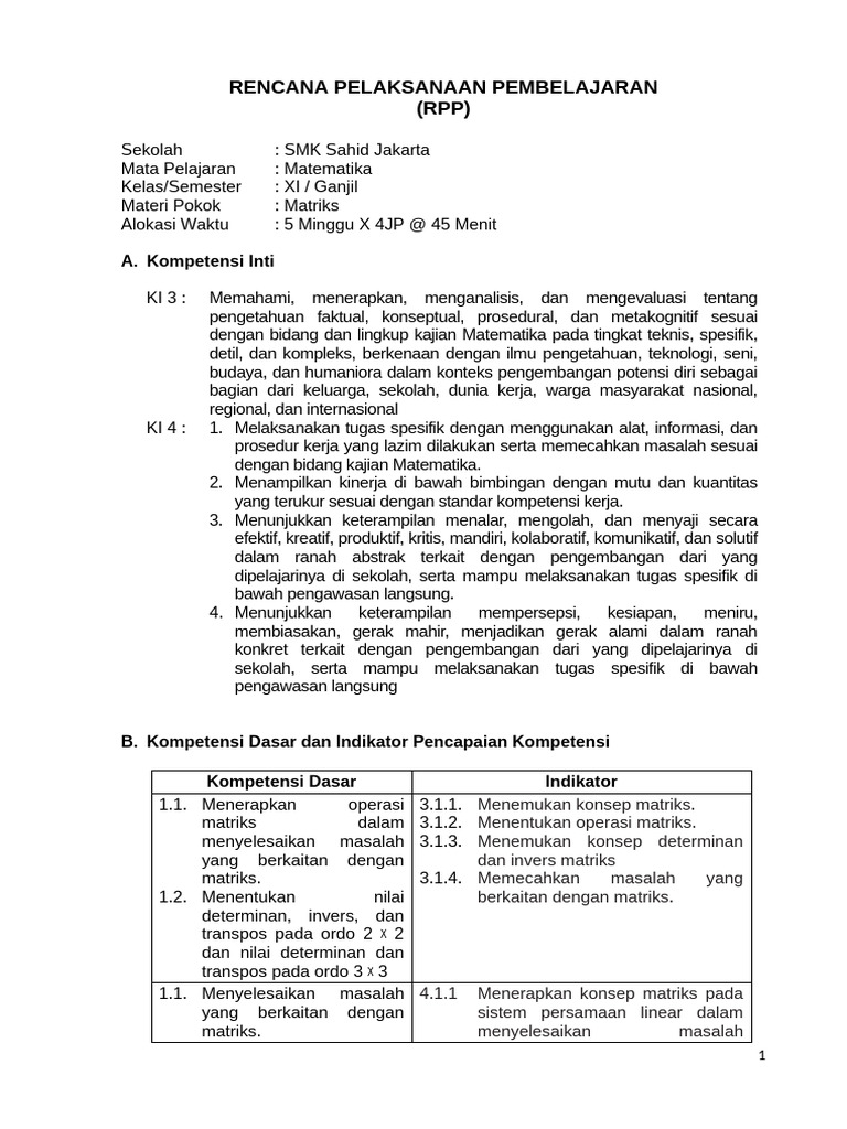 RPP - Bab 2 Matriks | PDF