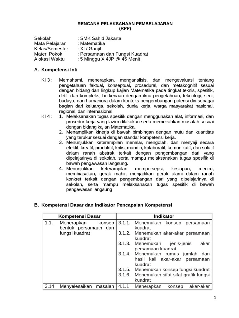 RPP - Bab 4 Persmaan Dan Fungsi Kuadrat | PDF