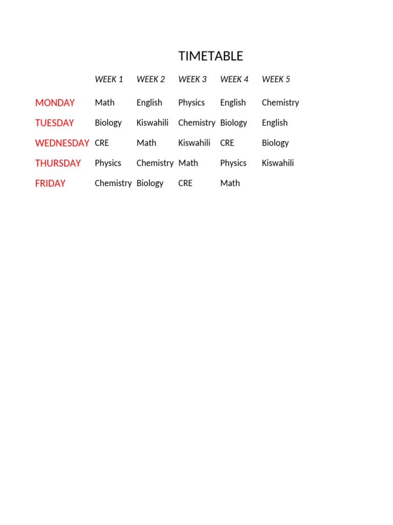 Student Weekly Class Schedule | PDF