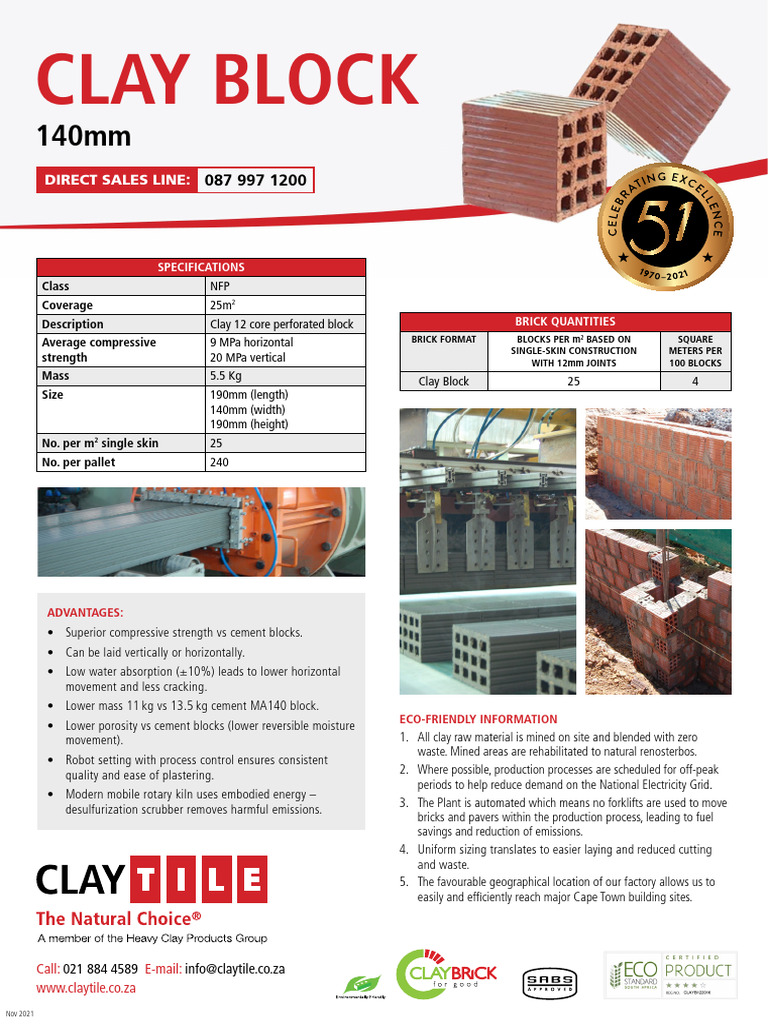 Eco-Friendly Clay Block Specifications | PDF | Brick | Cement