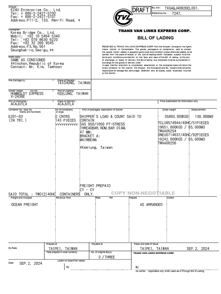 BL - 一程BL_TXGAQJ40826EL001 | PDF | Bill Of Lading | Cargo