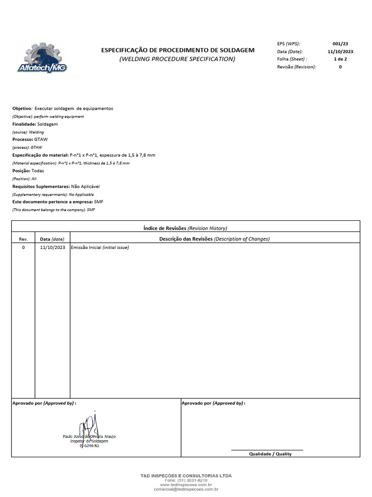 EPS-RQPS 001-23 - GTAW - ASME - Pn1xPn1 - 1,5a7,8mm | PDF | Materiais ...