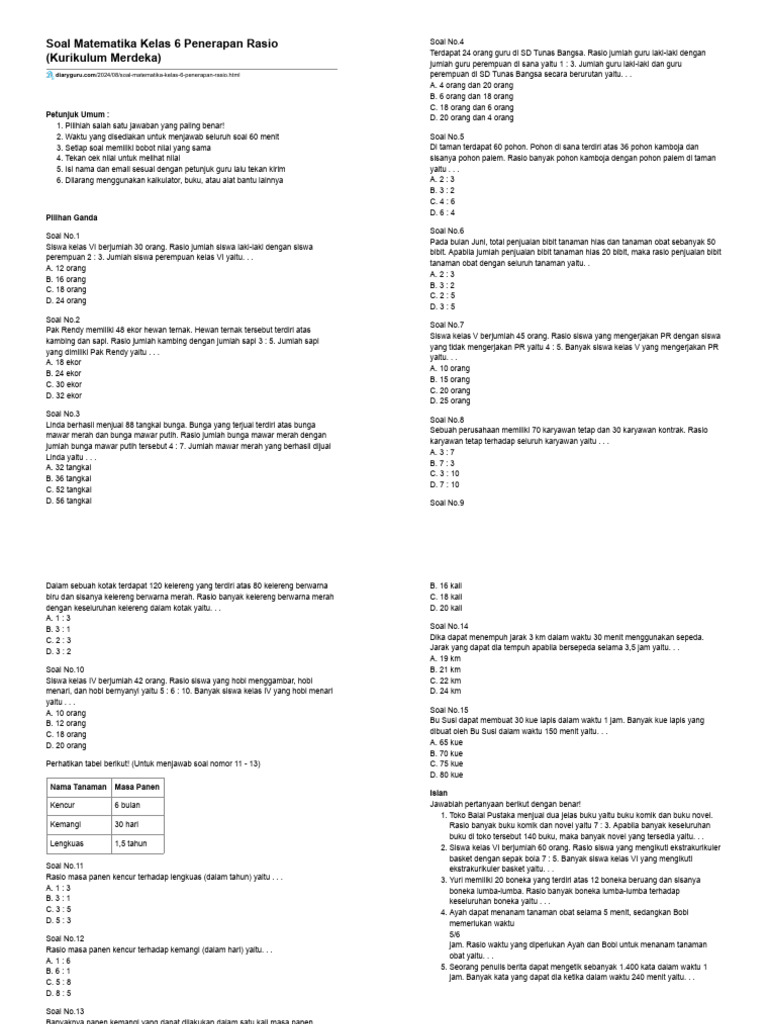 Soal Matematika Kelas 6 Penerapan Rasio (Kurikulum Merdeka) | PDF