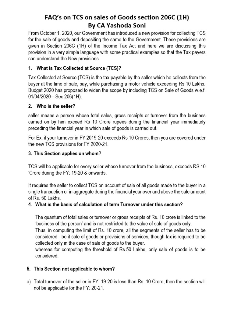 TCS on Goods Sales: Section 206C(1H) FAQ | PDF | Taxes | Value Added Tax