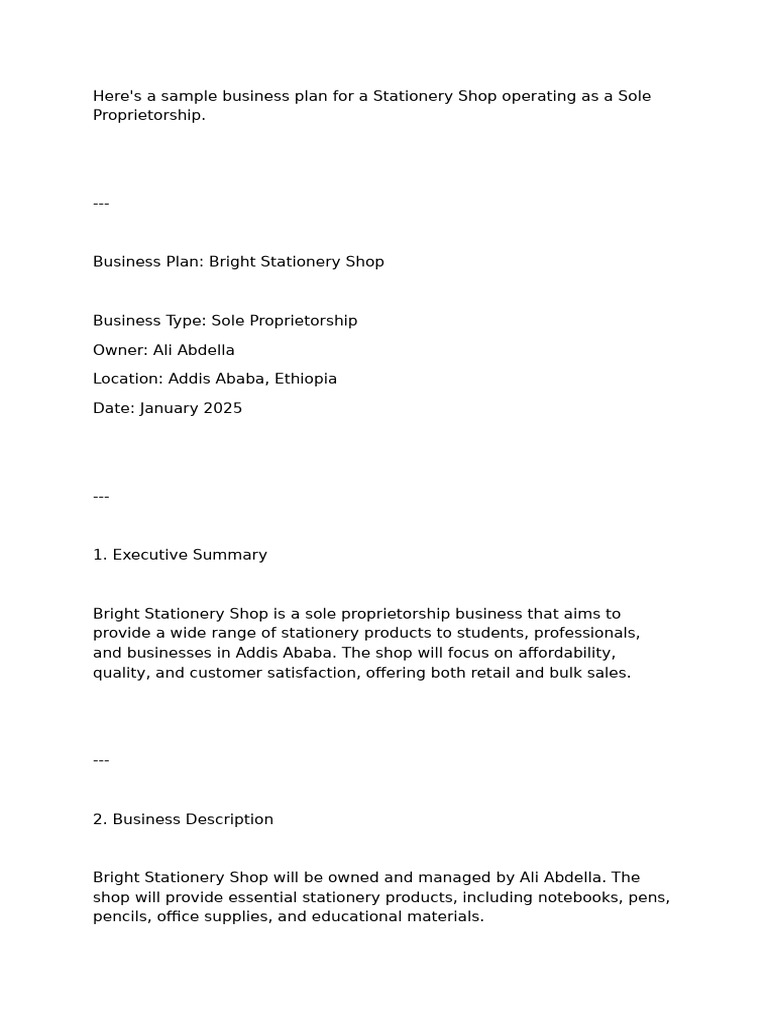Business Plan for Bright Stationery Shop | PDF | Retail | Marketing