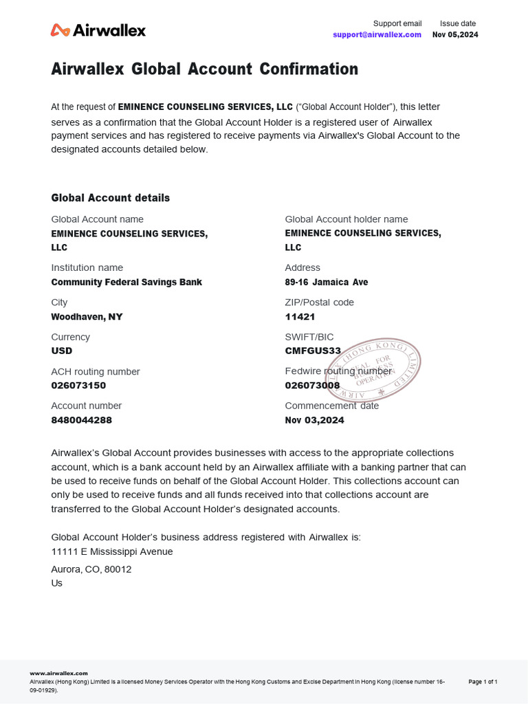 Airwallex Global Account Confirmation | PDF | Banking | Financial ...