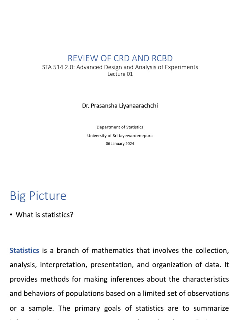 Lecture 01 - Review of CRD and RCBD | PDF | Analysis Of Variance | Experiment
