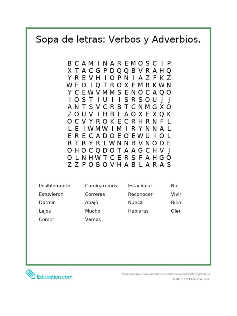 Sopa de Letras: Verbos y Adverbios | PDF