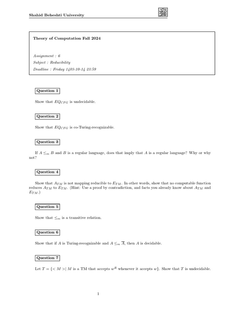 Assignment6 Theory of Computation | PDF