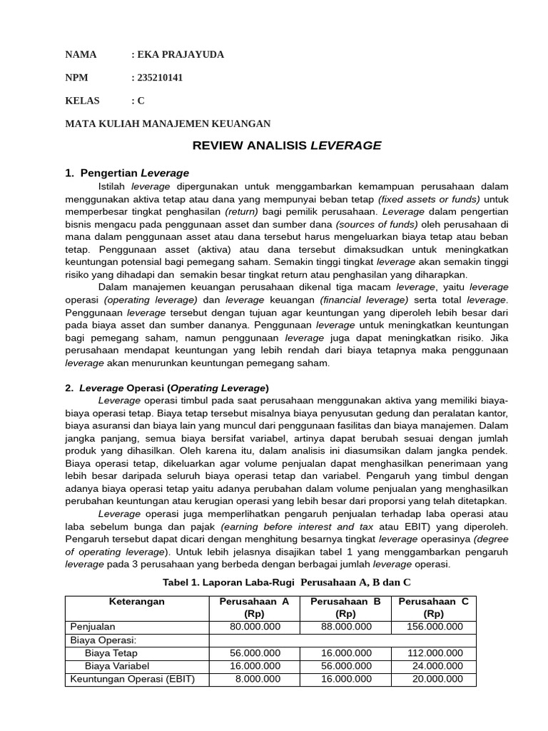 REVIEW Analisis Leverage (EKA PRAJAYUDA) CH.16 | PDF