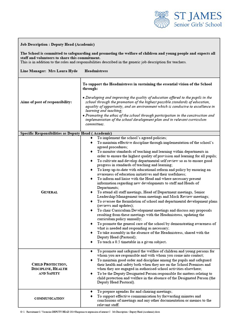 5 Job Description Deputy Head Academic | PDF | Curriculum | Teachers
