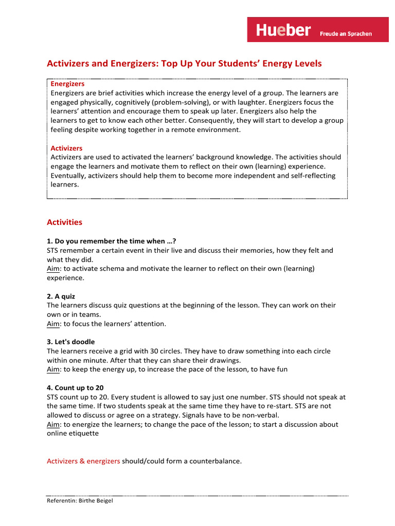 Activizers and Energizers Handout | PDF