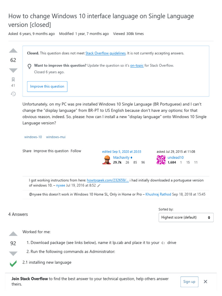 How To Change Windows 10 Interface Language On Single Language Version - Stack Overflow | PDF ...