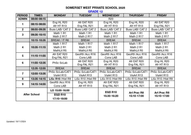 Grade 12 Timetable 2025 | PDF