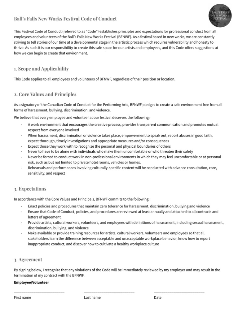 BFNWF Code of Conduct | PDF | Harassment | Employment BFNWF Code of Conduct | PDF | Harassment | Employment