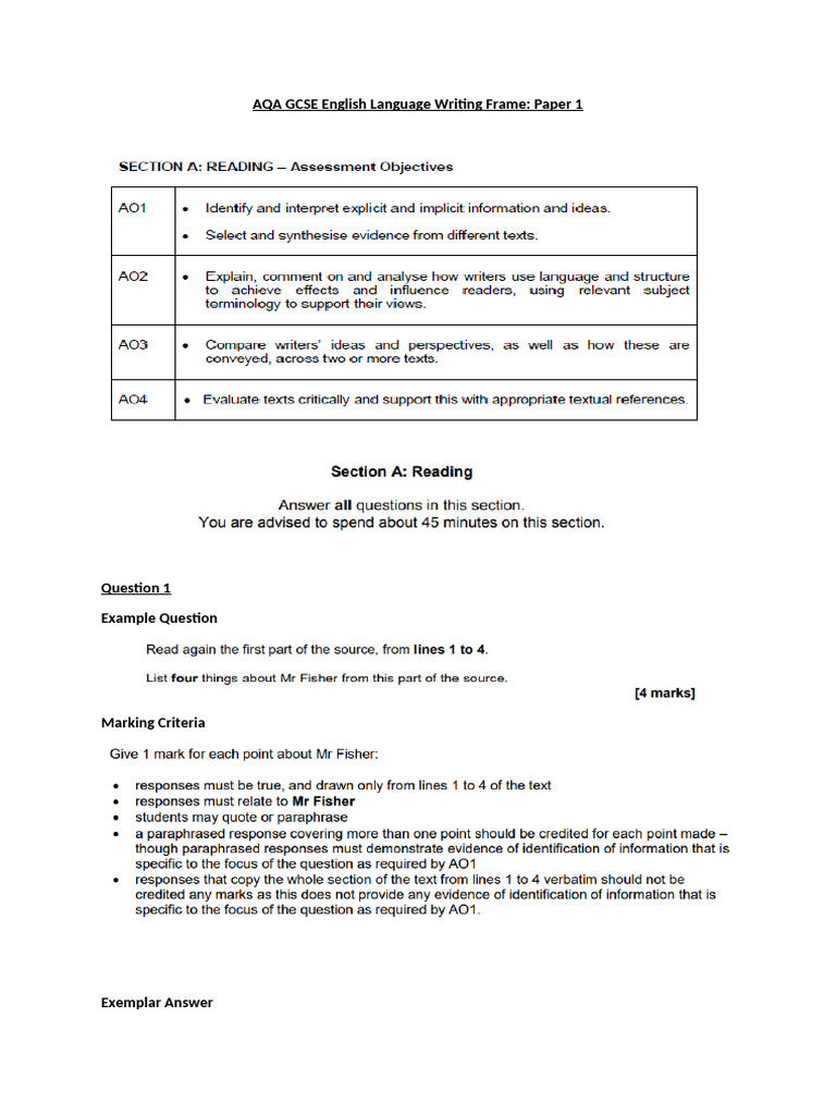 AQA GCSE English Language Writing Frame Paper 1 | PDF | Narrative ...
