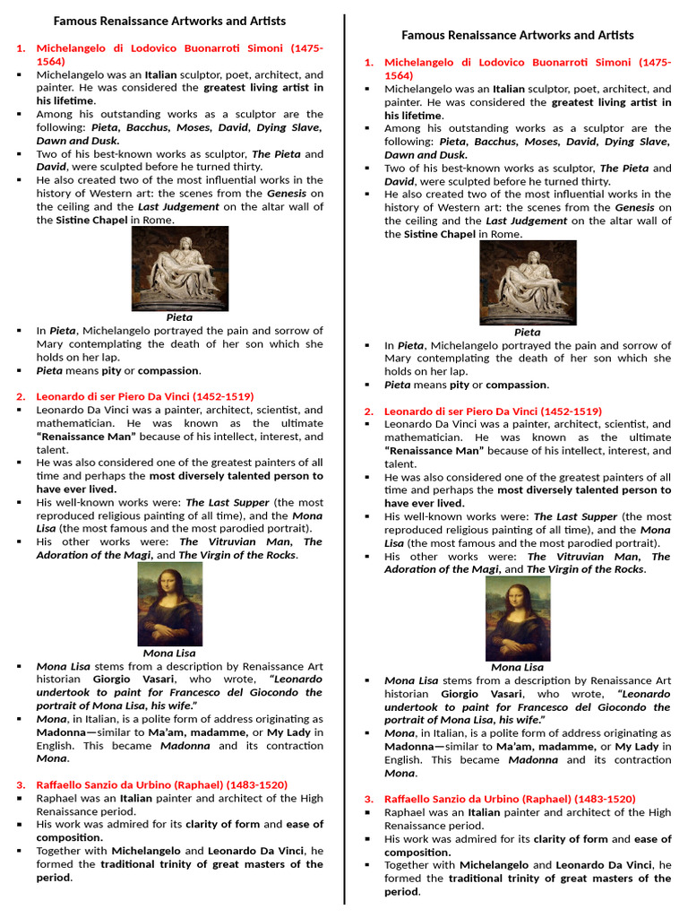 Famous Renaissance Artworks and Artists | PDF | Raphael | Michelangelo
