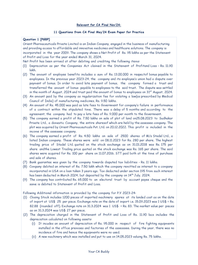 11 Practice Questions - CA Final Nov'24 | PDF | Capital Gains Tax ...