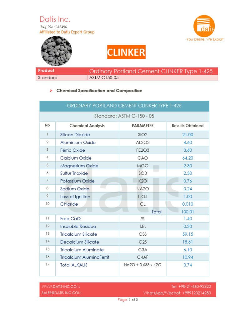 Datis Export Group Clinker Type 1 425 Astm c150 05 | PDF | Cement | Oxide