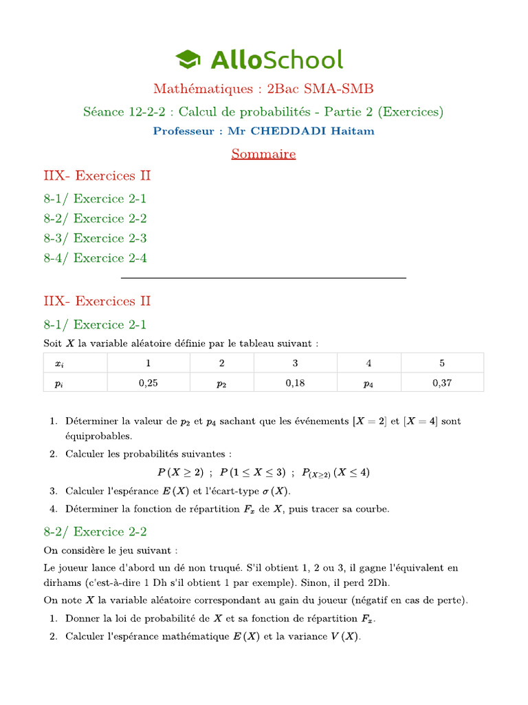 Seance 12 2 2 Calcul de Probabilites Partie 2 Exercices 1 | PDF