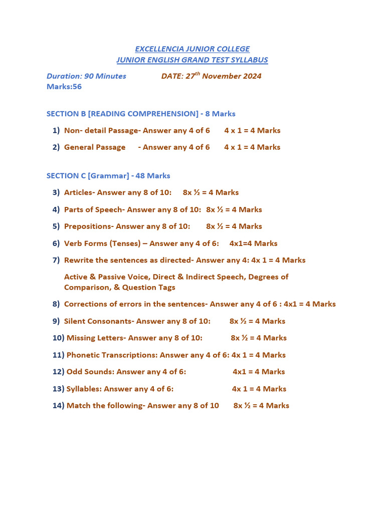 JUNIOR ENGLISH GRAND TEST 27th November | PDF