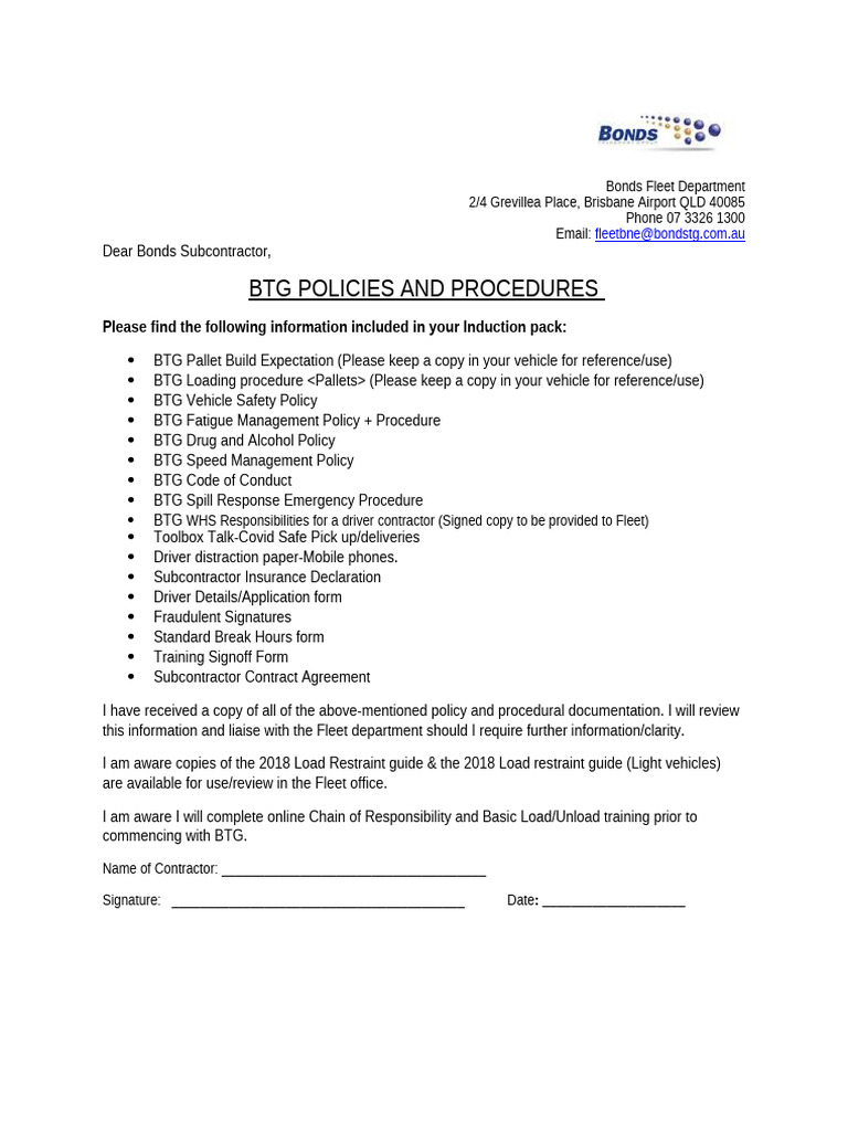 Acknowledgement of Receipt of Driver Induction Pack | PDF