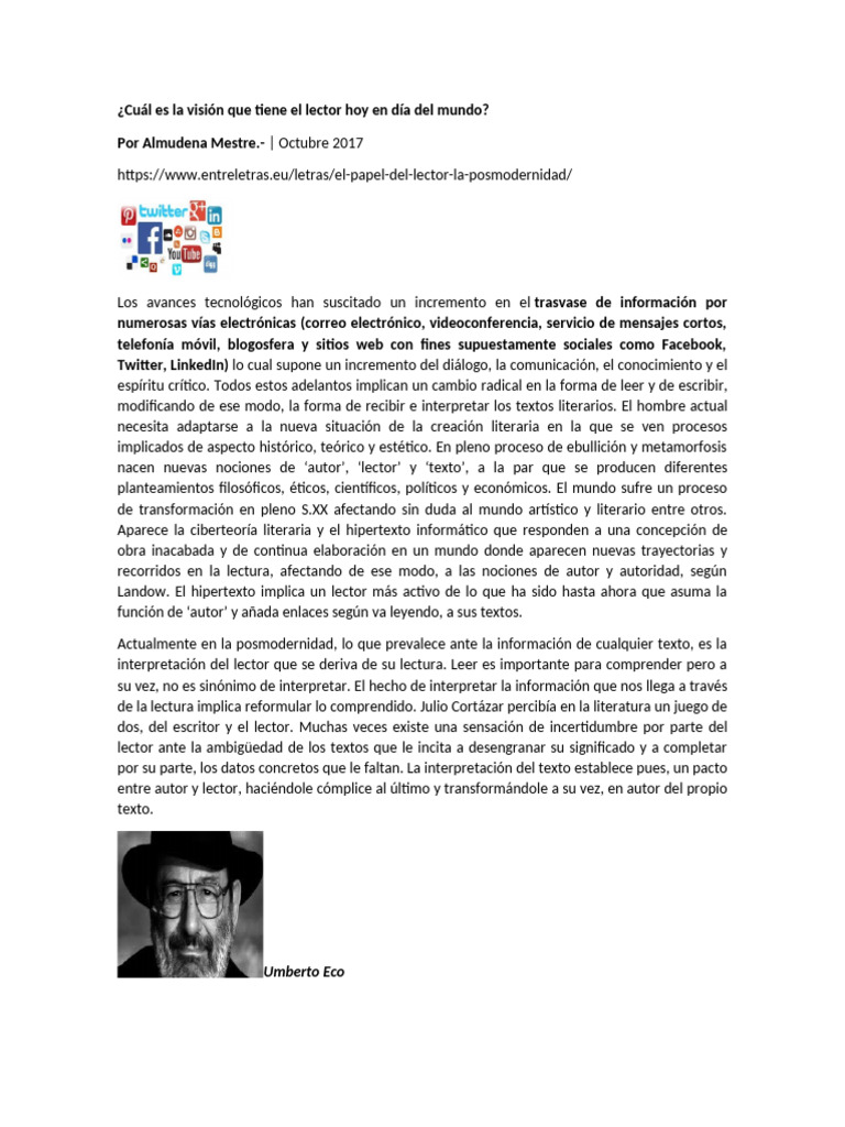 Cuál Es La Visión Que Tiene El Lector Hoy en Día Del Mundo | PDF ...