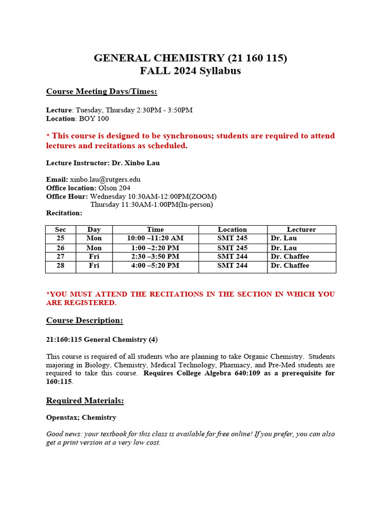 21 160 115 Gen Chem Syllabus | PDF | Violence | Chemical Bond
