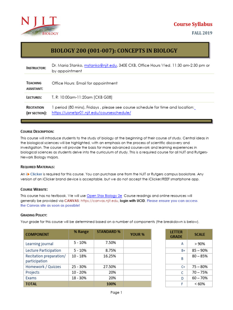 21 120 200 NJIT Concepts Bio Syllabus | PDF