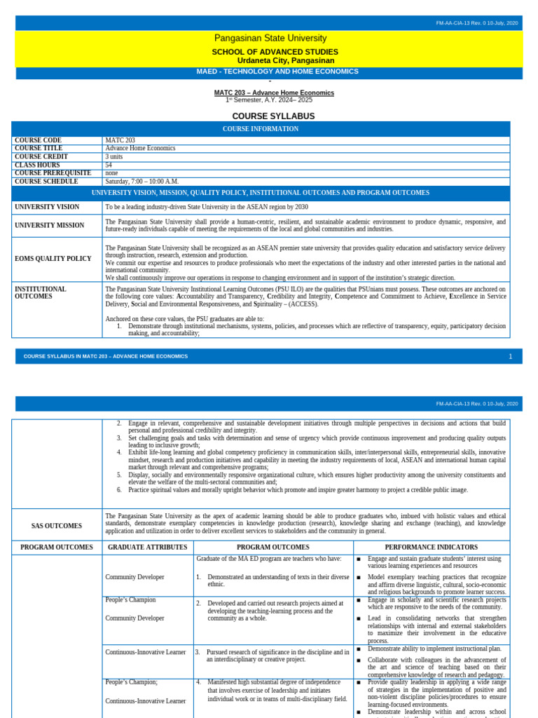 24 MATC 203 - Advanced Home Economics - Syllabus | PDF | Curriculum ...
