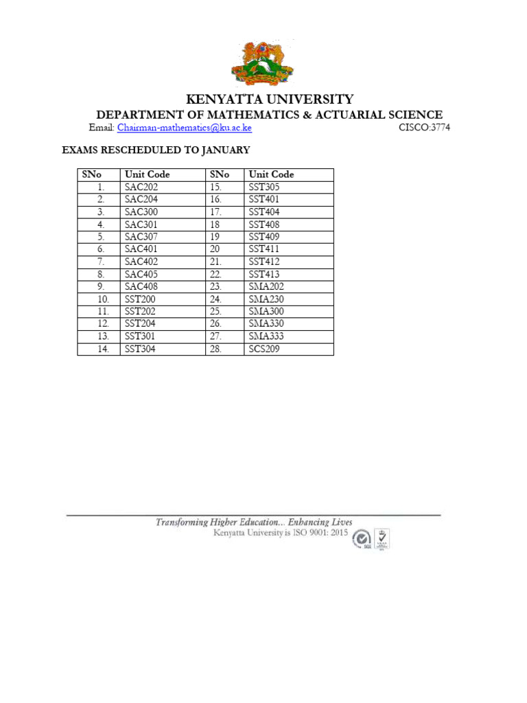 Kenyatta University Exam Reschedule January | PDF