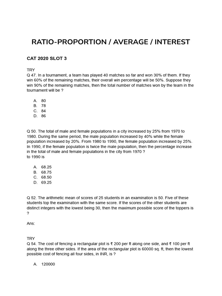 CAT Ratio-Proportion - Average Questions | PDF | Ratio | Interest