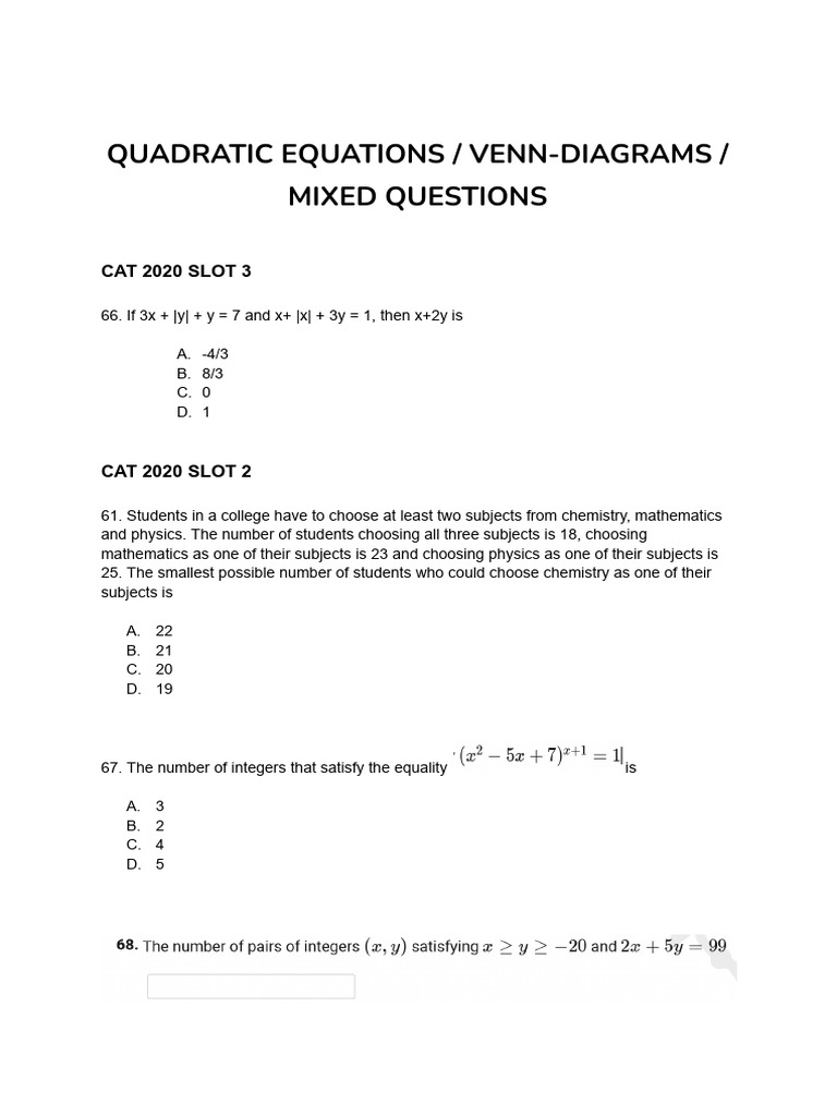 CAT QUADRATIC EQUATIONS _ VENN-DIAGRAMS _ MIXED QUESTIONS | PDF