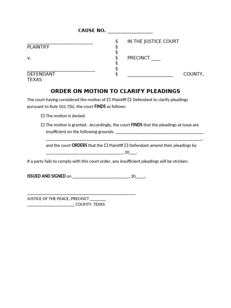 Order - Motion To Clarify Insufficient Pleadings 2 | PDF