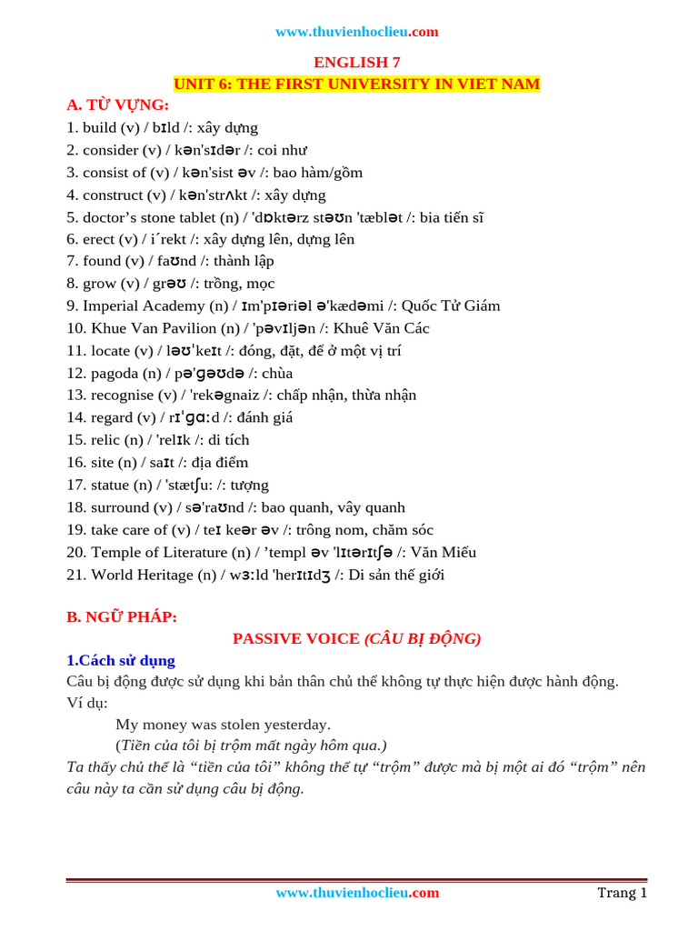 Thuvienhoclieu.com BTTHCS TA7 Unit 6 | PDF