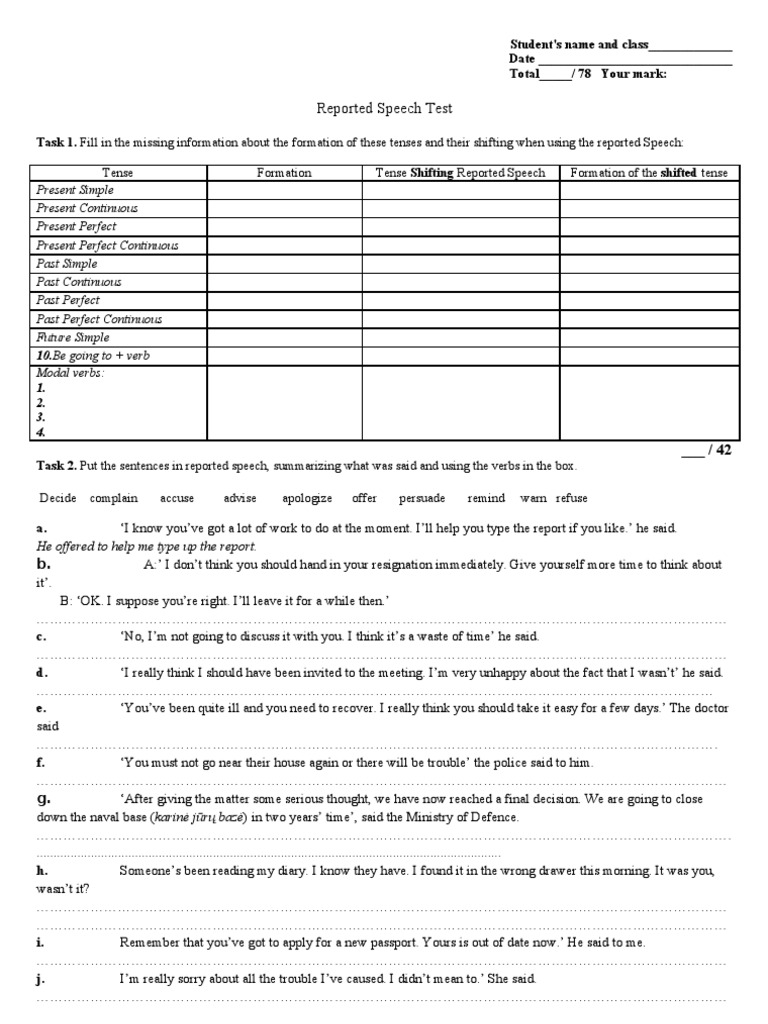 Reported Speech Test | PDF | Grammatical Tense | Linguistic Morphology