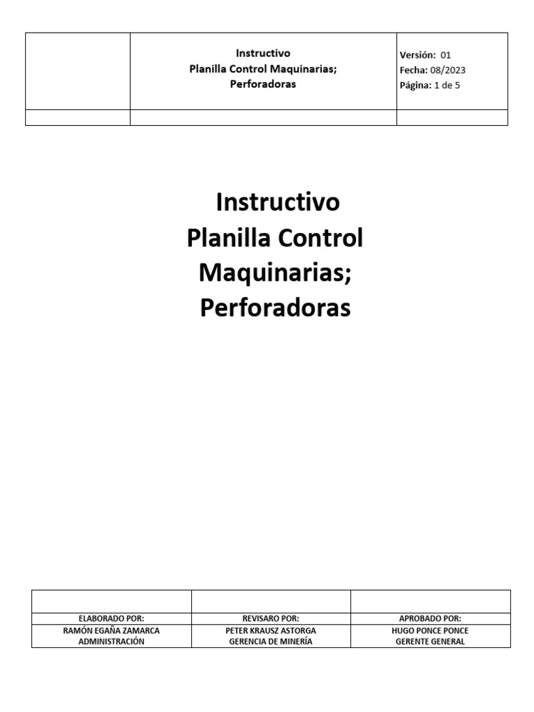 Instructivo Planilla Control Maquinaria - Perforadora | PDF