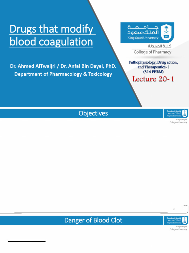 Lecture 20-1 Drug That Modify Blood Coagulation (Pharmacology) | PDF | Coagulation | Thrombus