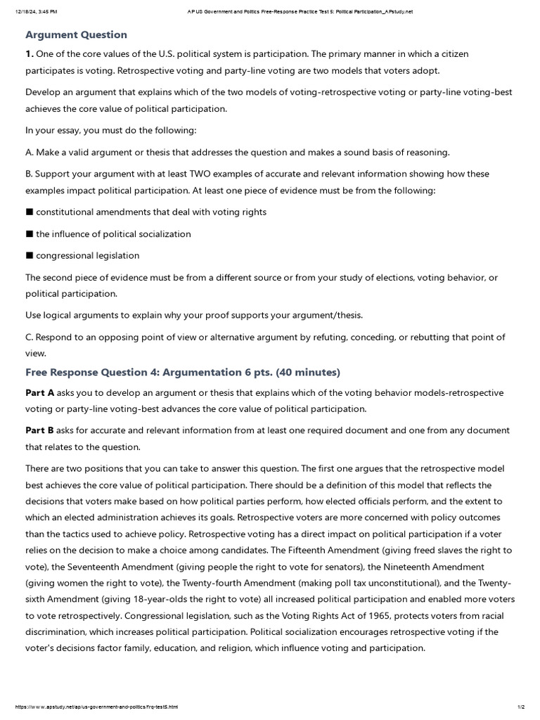 AP US Government and Politics Free-Response Practice Test 5 - Political ...