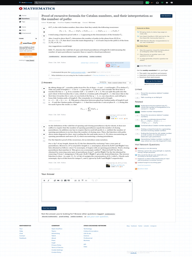 Combinatorics - Proof of Recursive Formula For Catalan Numbers, and Their Interpretation As The ...