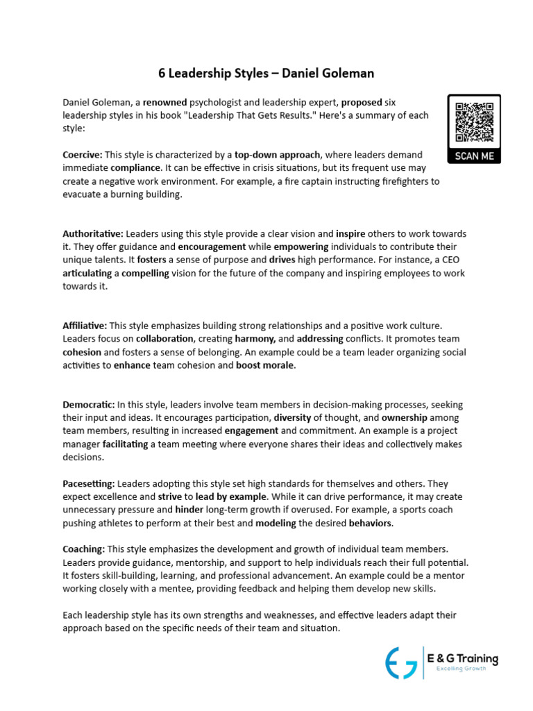 Goleman's 6 Leadership Styles | PDF | Mentorship | Leadership