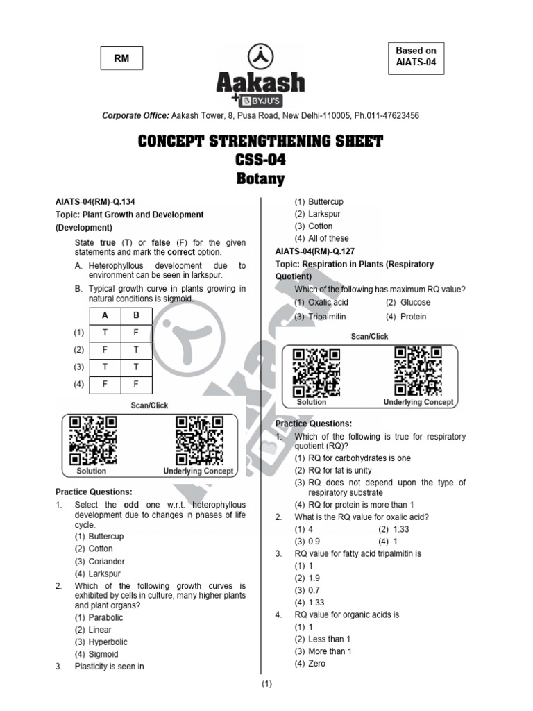 Concept Strengthening Sheet CSS 04 Based On AIATS 04 RM Botany | PDF | Electron Transport Chain ...