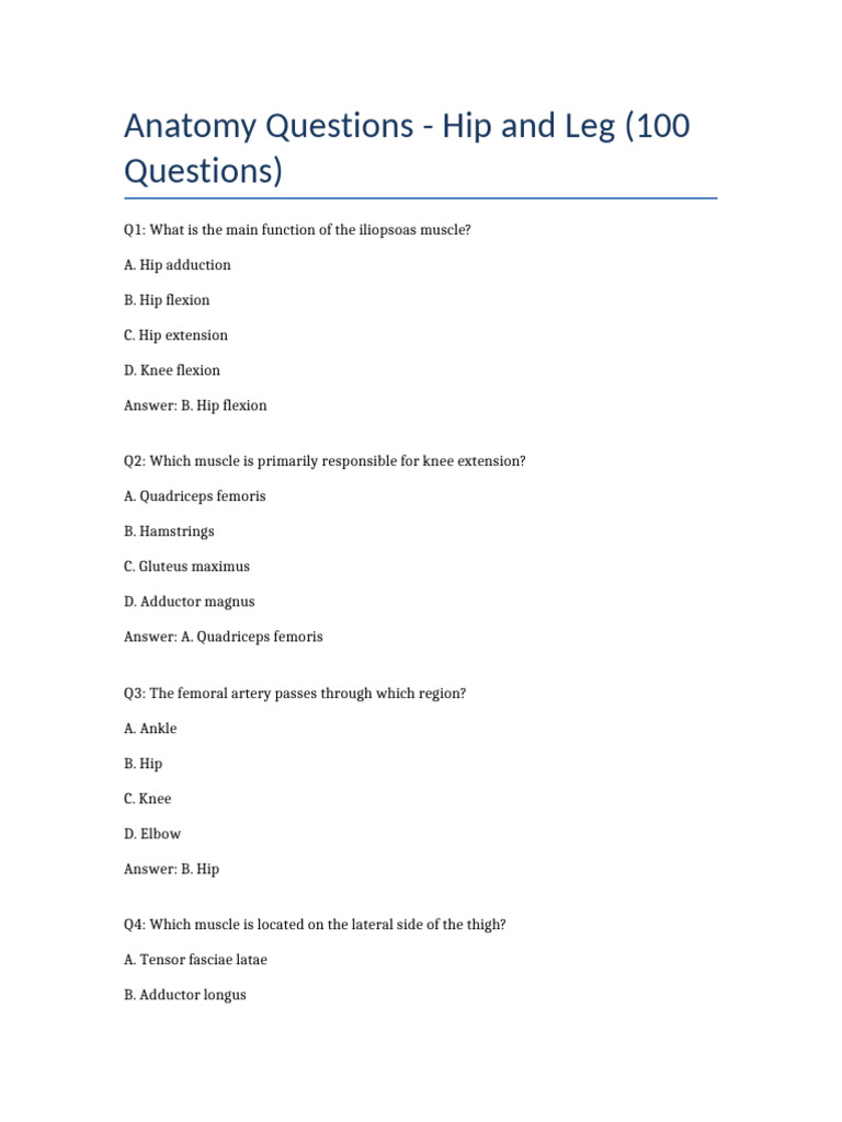 Hip and Leg Anatomy Quiz: 100 Questions | PDF | Hip | Human Leg