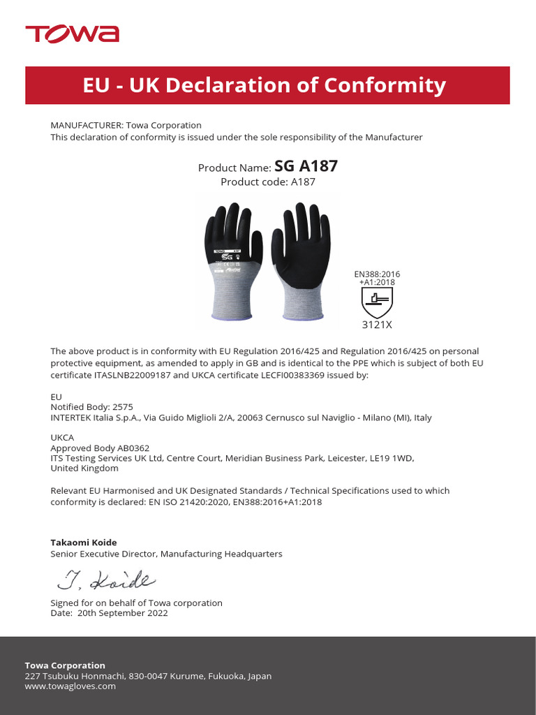 Guante Towa SG A187 - Declaracion de Conformidad | PDF